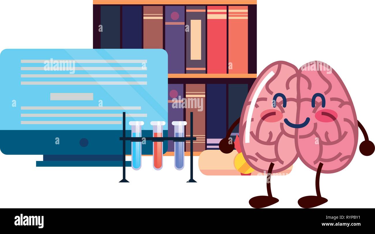 brain cartoon education computer books science vector illustration ...