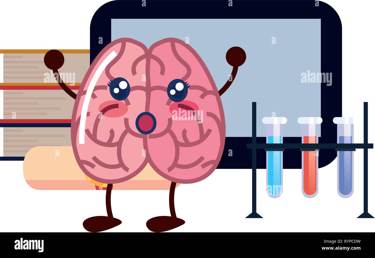 brain cartoon tablet education books flasks vector illustration Stock ...