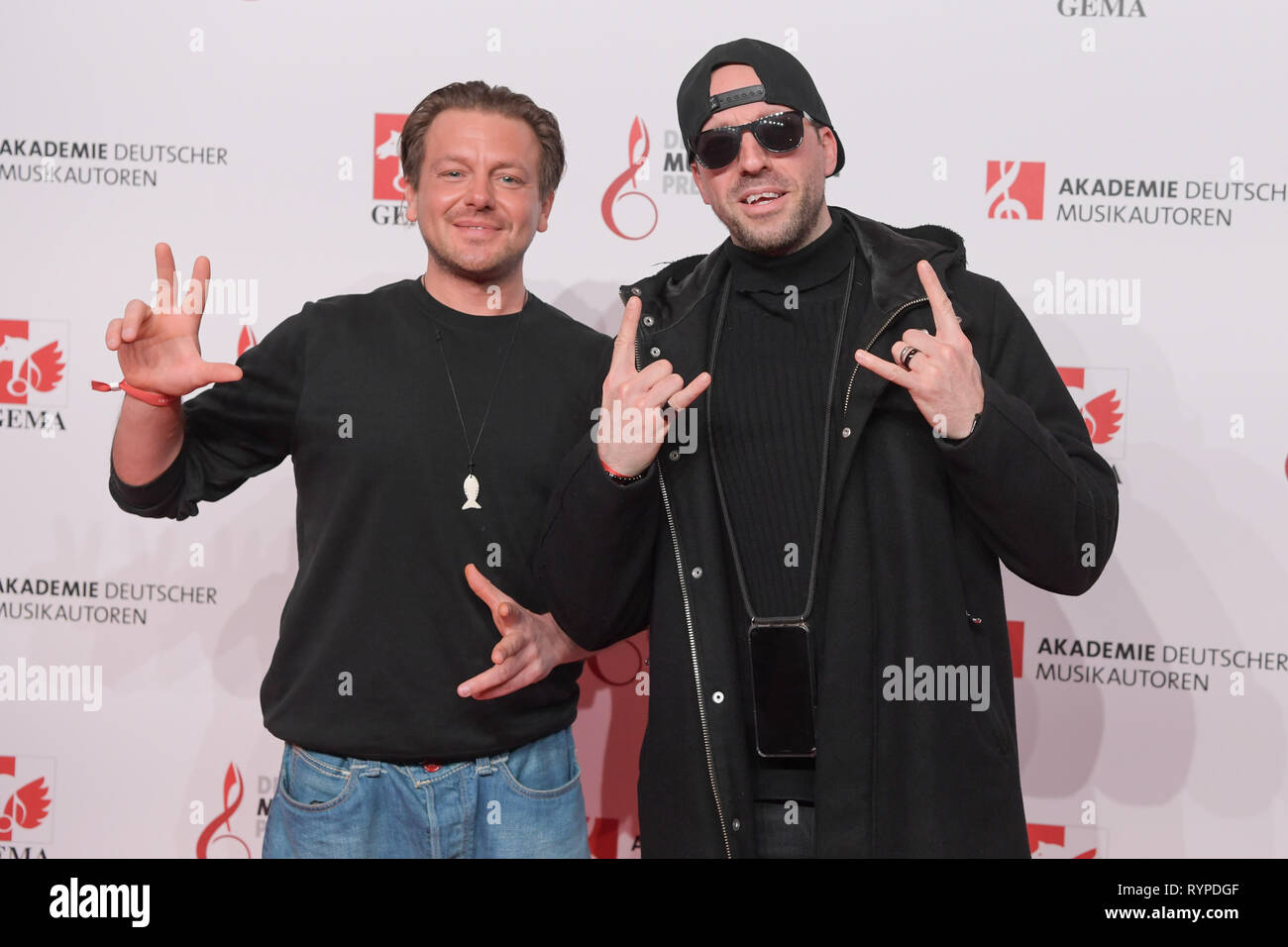14 March 2019, Berlin: The Atzen, with the rappers Frauenarzt (l) and ...