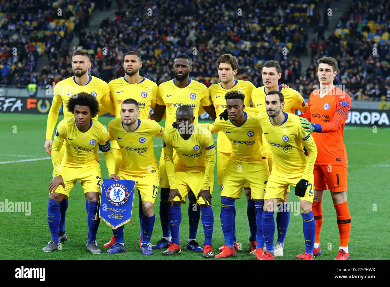 Kyiv, Ukraine. 14th March, 2019. Chelsea players pose for a group photo ...