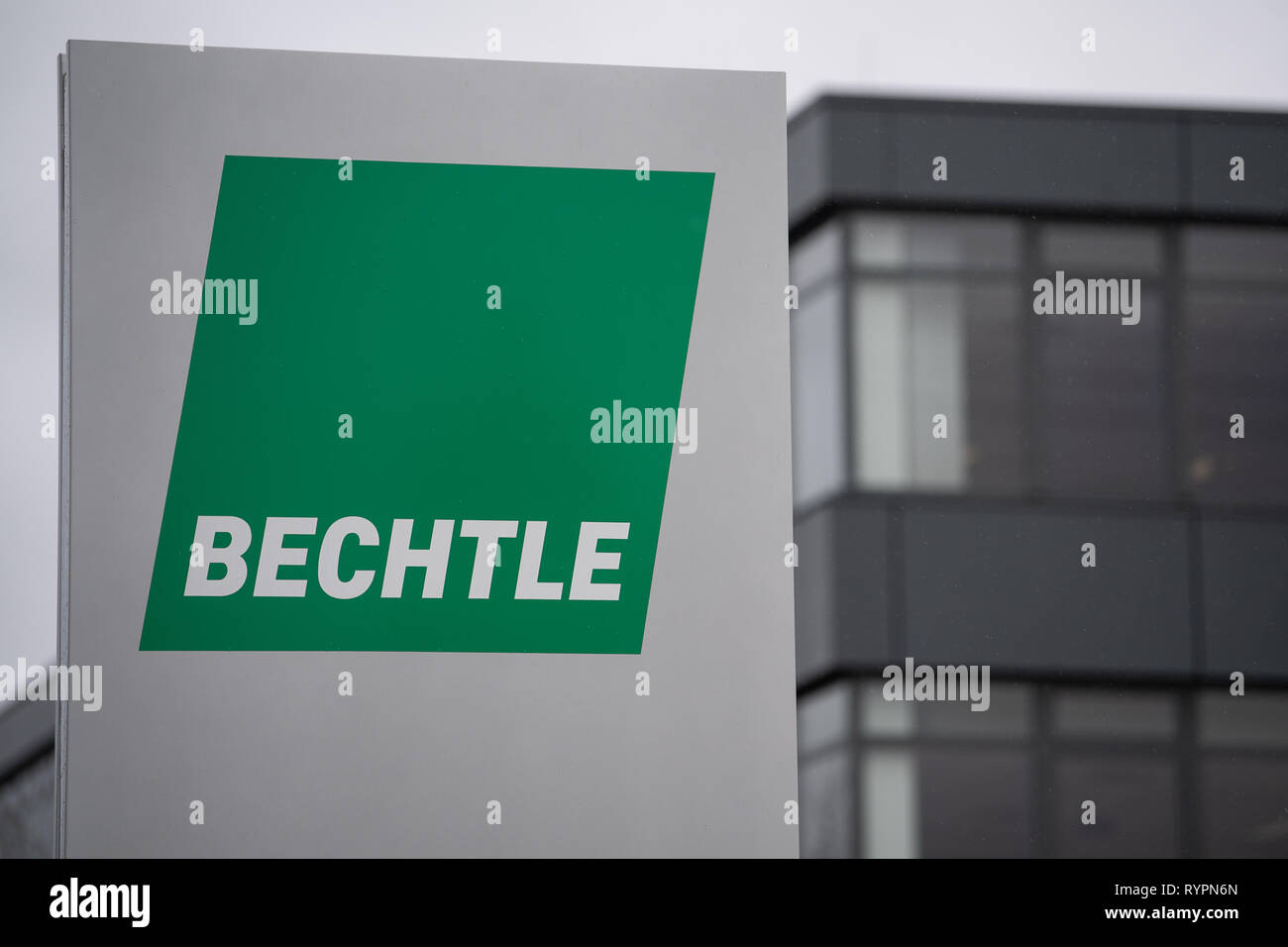 Neckarsulm, Germany. 14th Mar, 2019. A sign with the logo of the IT company Bechtle stands in ...