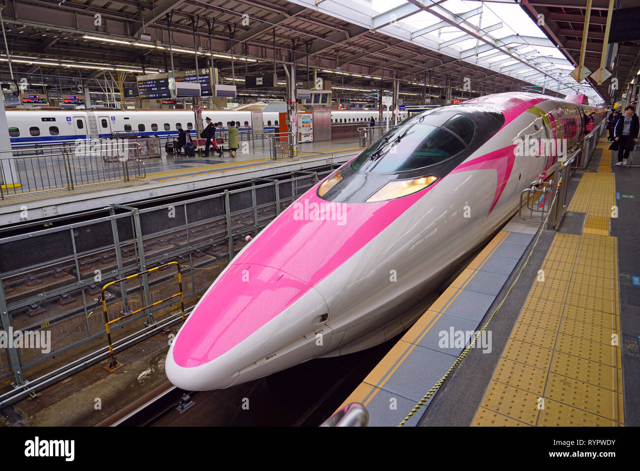 OSAKA, JAPAN -28 FEB 2019- View of the special livery Hello Kitty Shinkansen, a high-speed ...
