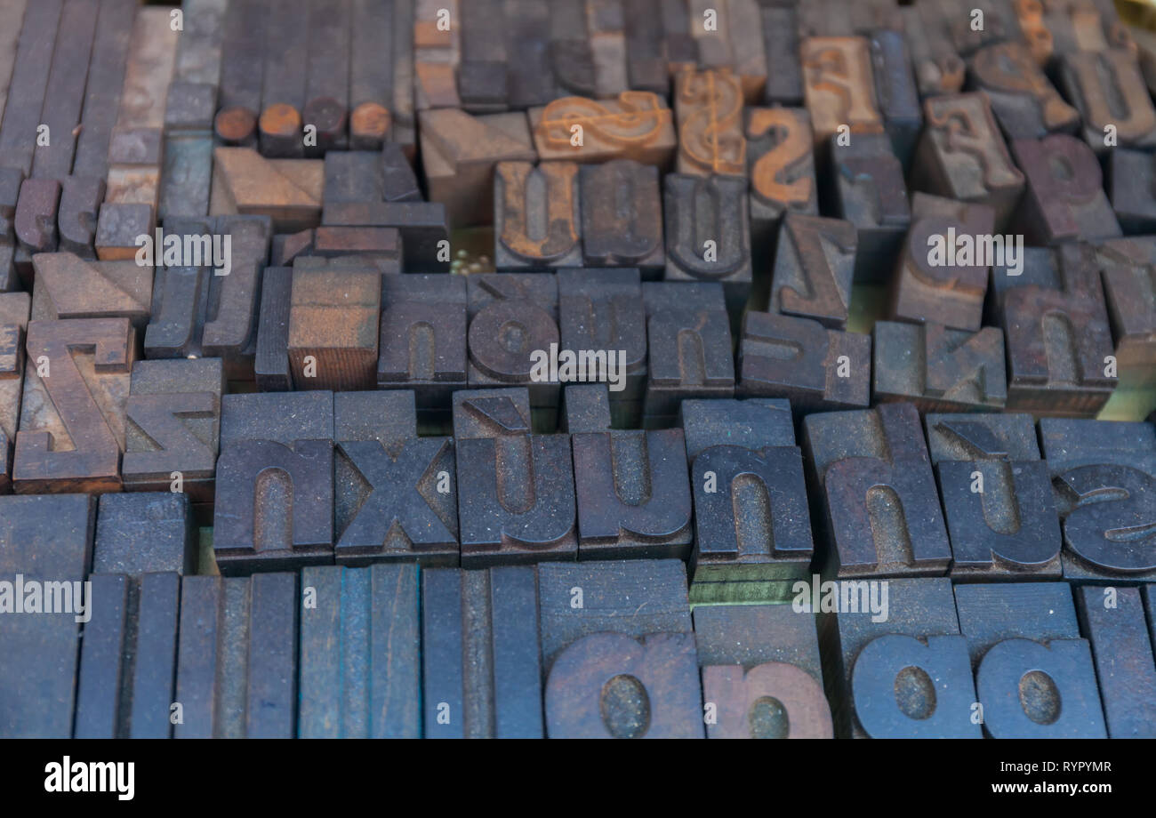 Old letterpress background, close up of many retro, random metal ...