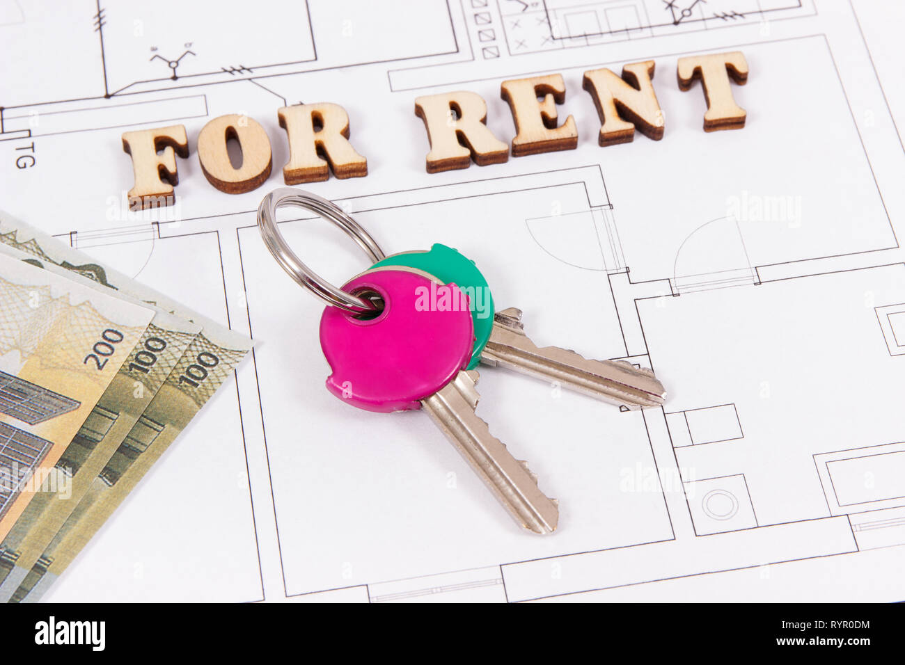 Inscription for rent, home keys and money on electrical construction ...