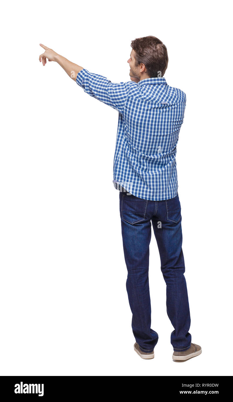 Back view of pointing young men talking on cell phone. Young guy ...