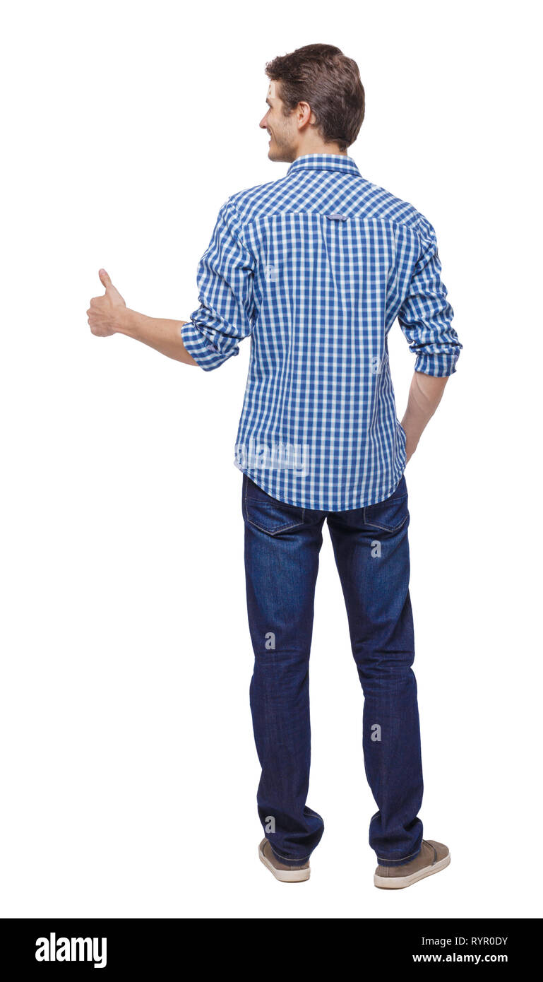 Back view of a man showing thumb up. Rear view people collection ...