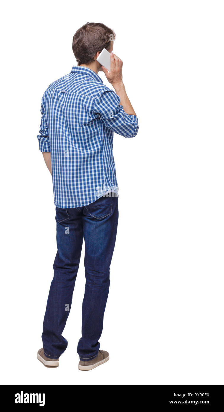 back view of a man talking on the phone. backside view of person. Rear ...