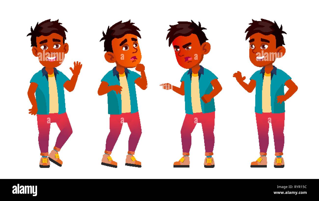 Indian Boy Kid Poses Set Vector. Primary School Child. Clever Positive ...