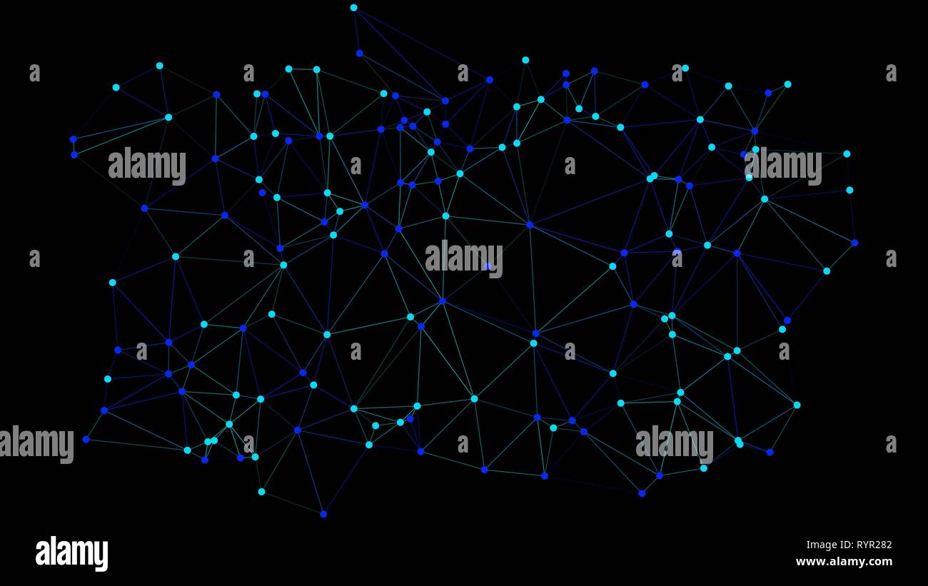 Digital network wireframe lines and vector circles, black background ...