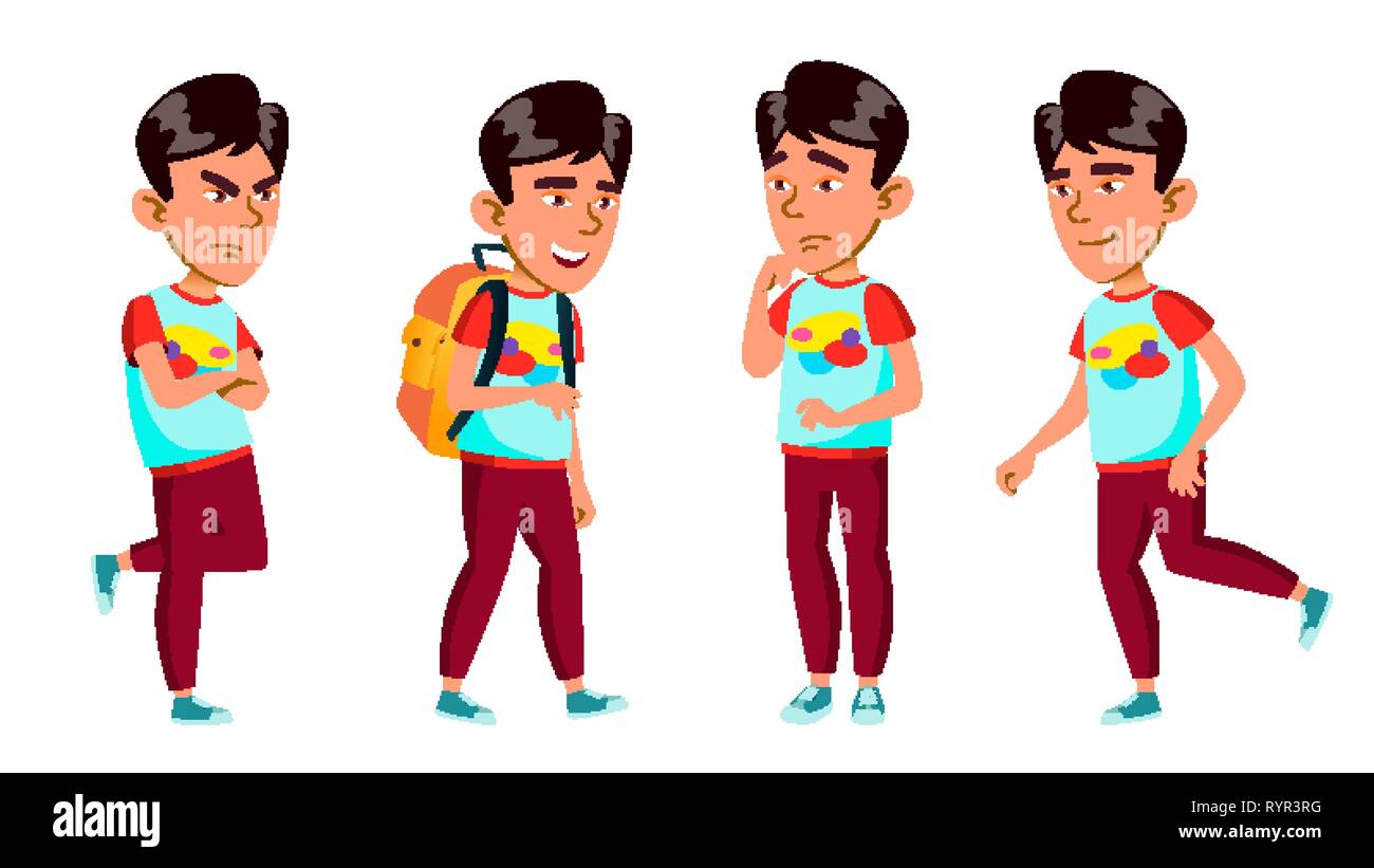 Asian Boy Schoolboy Kid Poses Set Vector. Primary School Child. Active ...