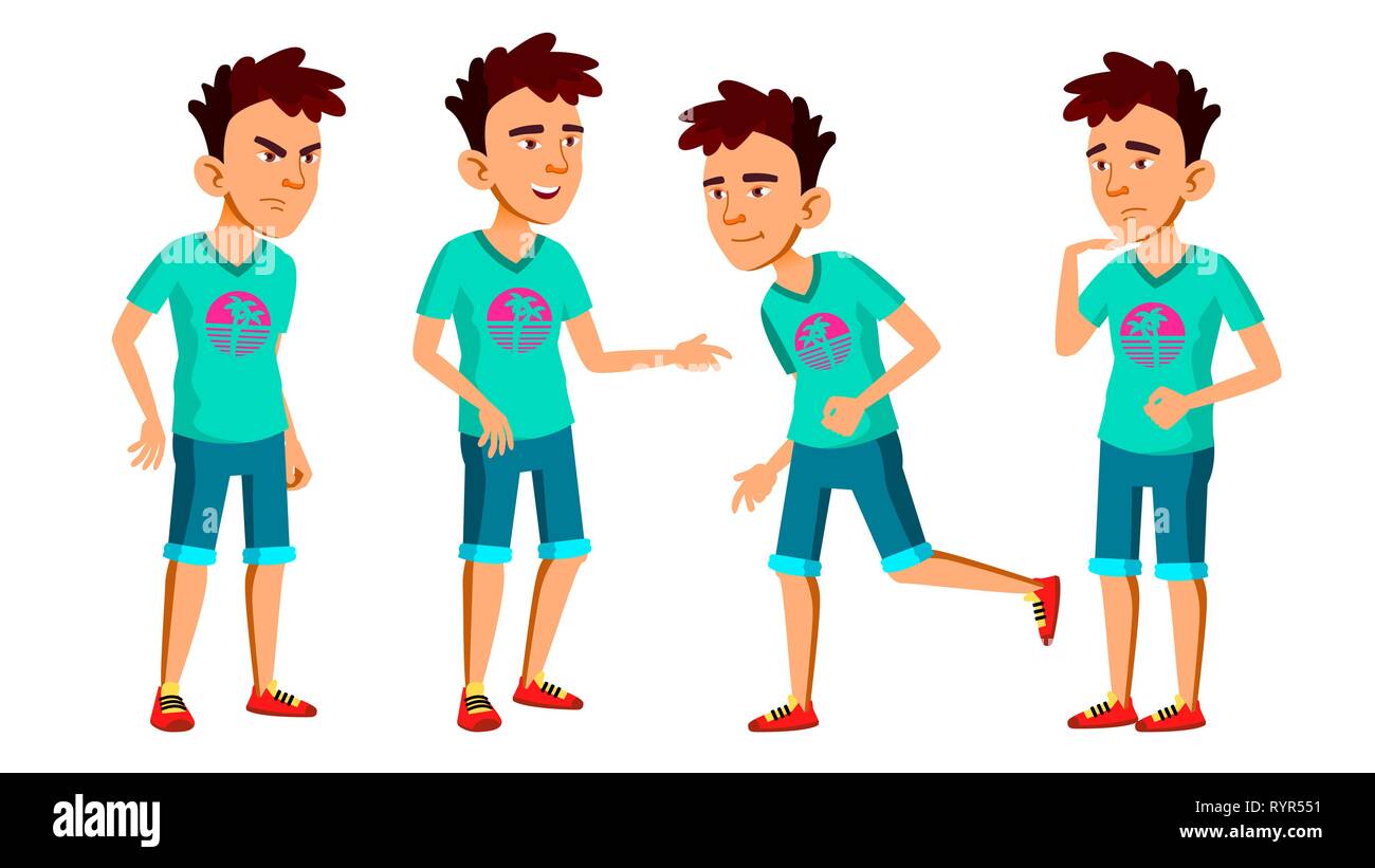 Asian Teen Boy Poses Set Vector. Fun, Cheerful. For Web, Poster ...