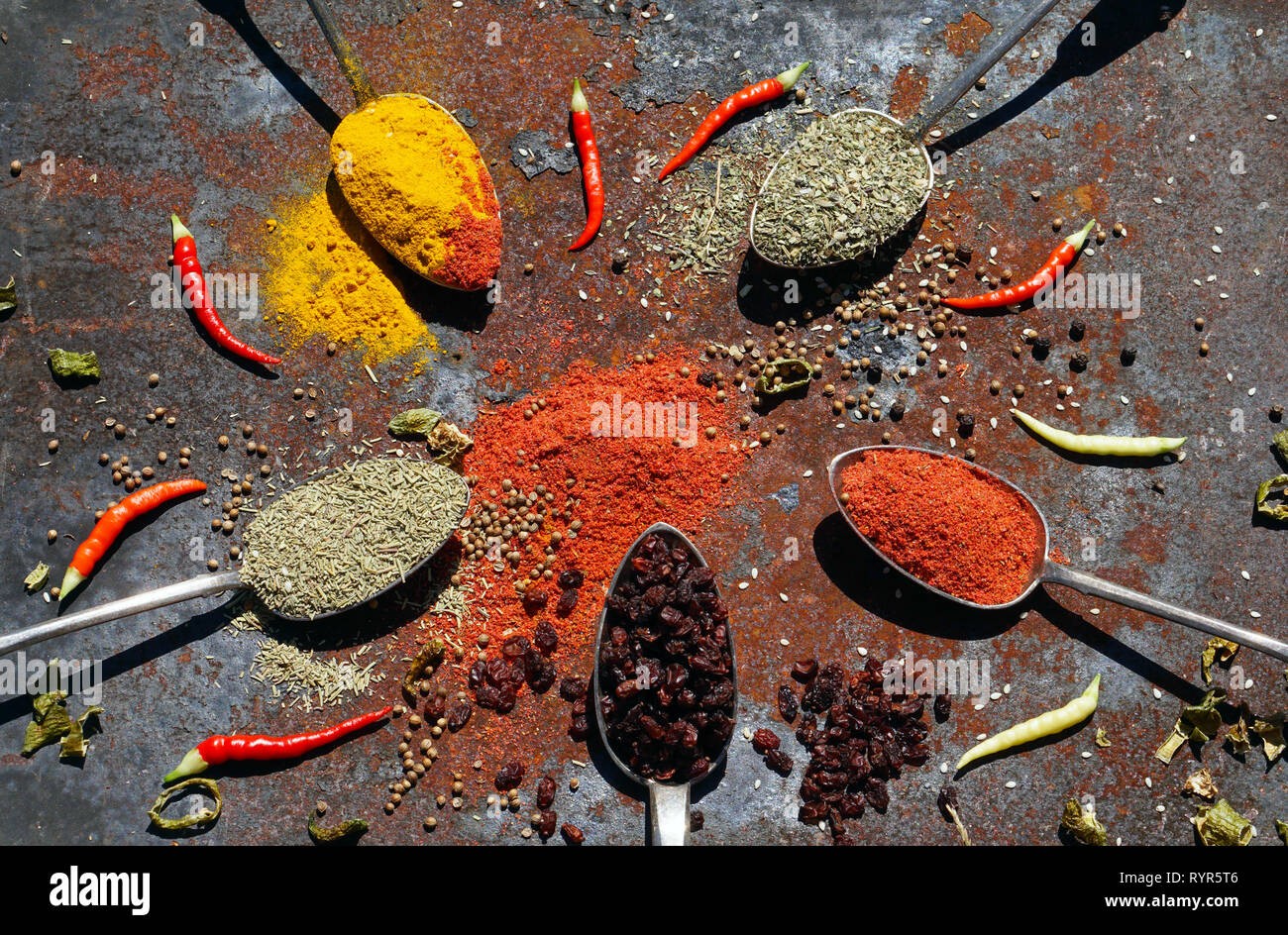 an assortment of different spices for cooking in silver spoon . Red ...