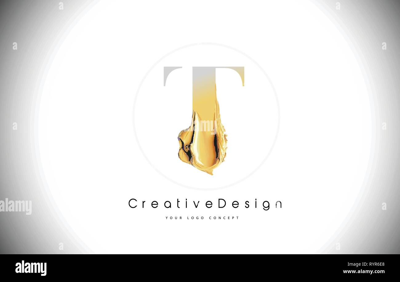 T Golden Letter Design Brush Paint Stroke. Gold Yellow t Letter Logo ...