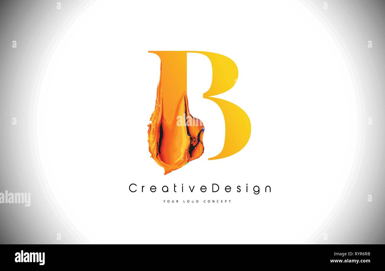 B Orange Letter Design Brush Paint Stroke. Gold Yellow b Letter Logo ...
