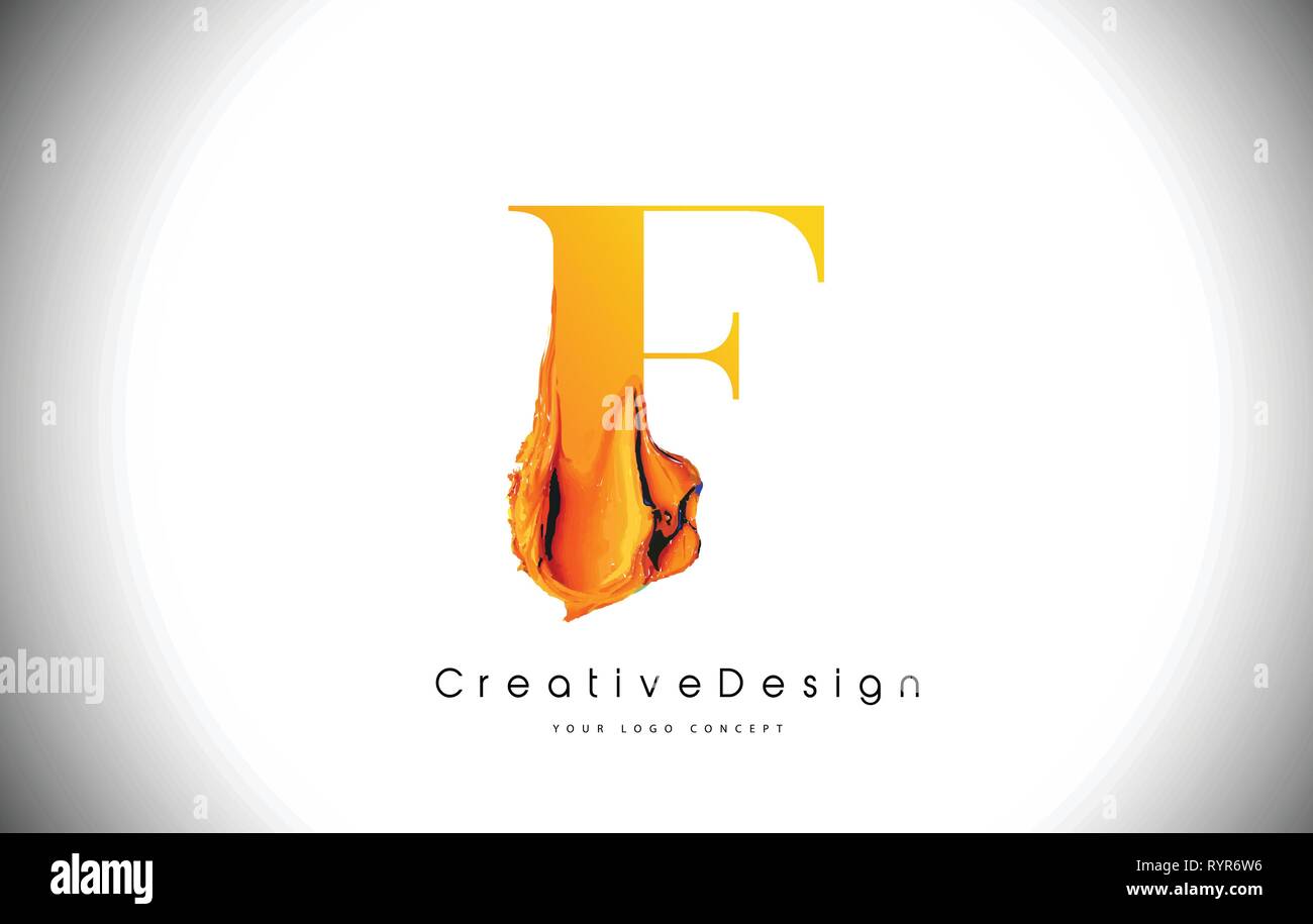 F Orange Letter Design Brush Paint Stroke. Gold Yellow f Letter Logo ...