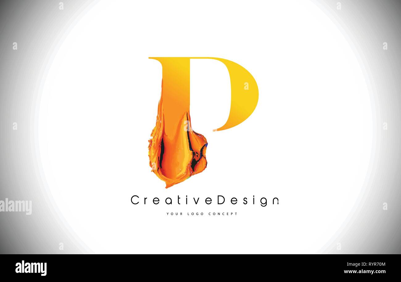 P Orange Letter Design Brush Paint Stroke. Gold Yellow p Letter Logo ...