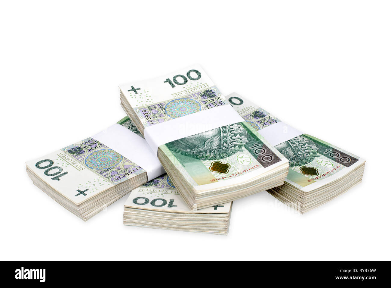 Bundles of polish 100 zloty banknotes. Isolated on white. Clipping path ...