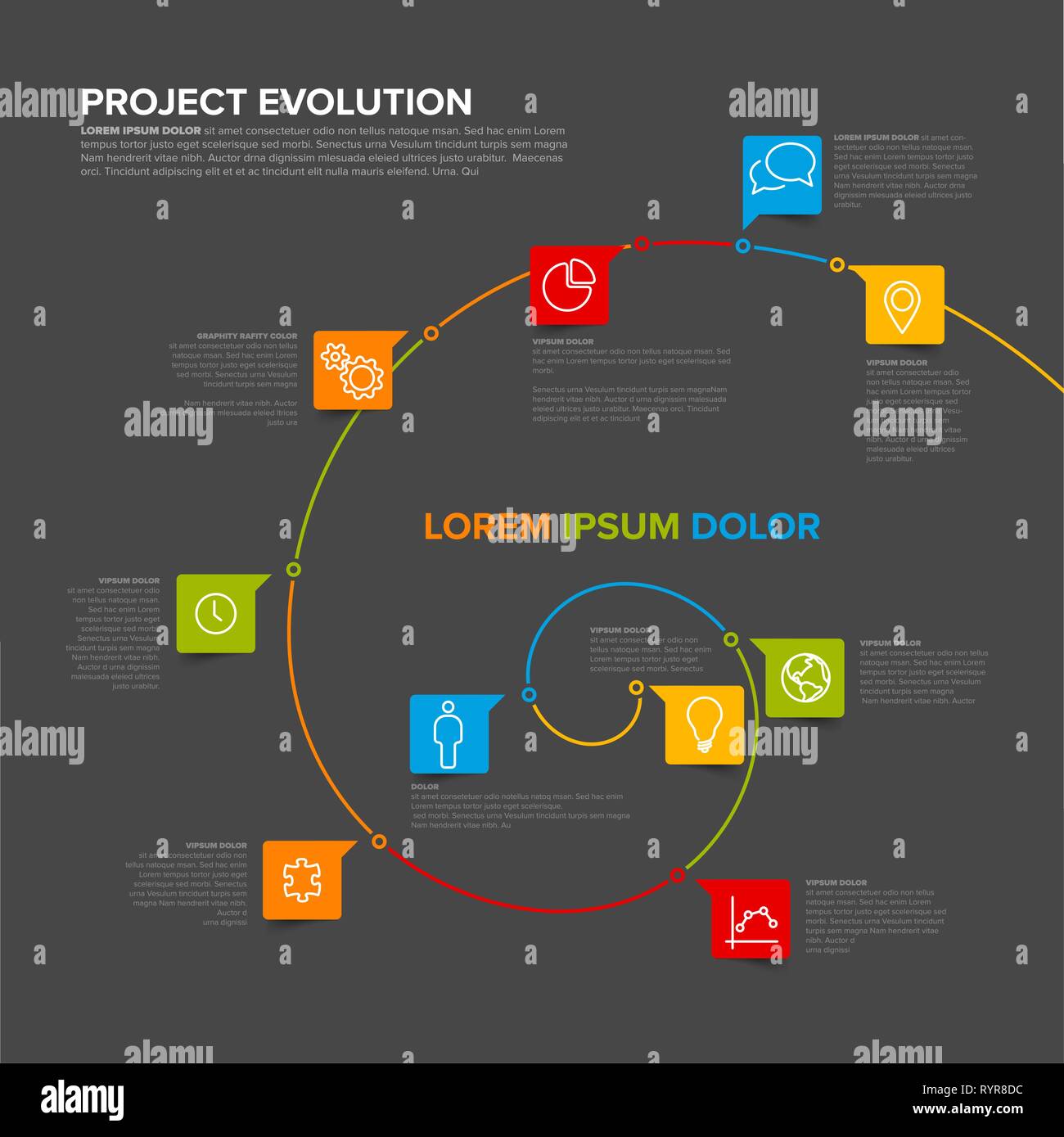 Project evolution timeline template with spiral model and icons - dark ...