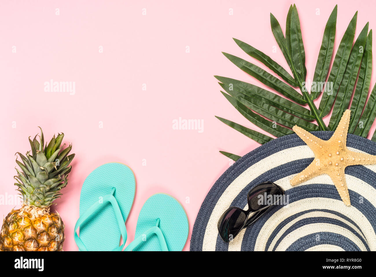 Summer flat lay background on pink Stock Photo - Alamy