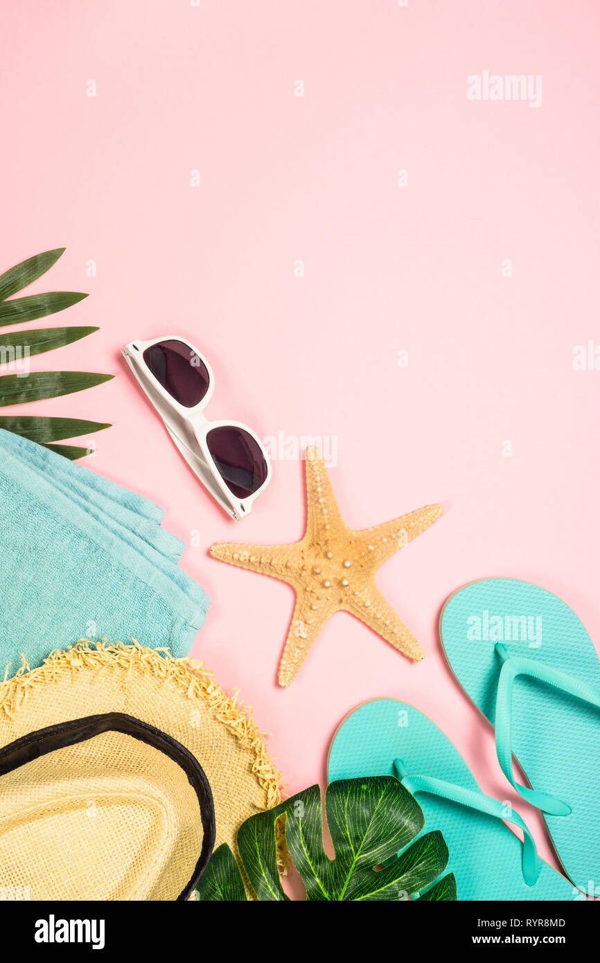 Summer flat lay background on pink Stock Photo - Alamy