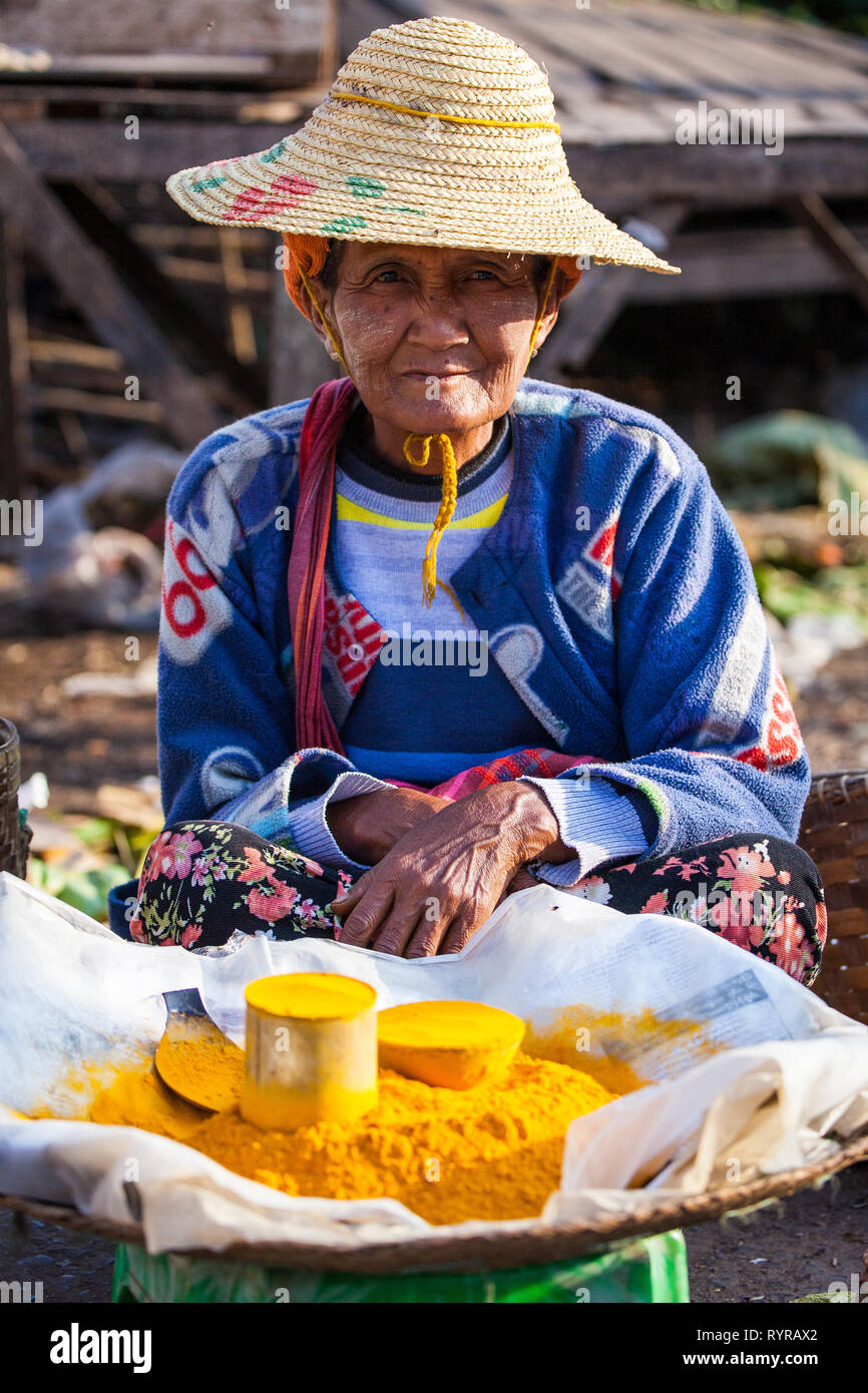 An old lady sells saffron at a market in Kalaw, Myanmar Stock Photo - Alamy