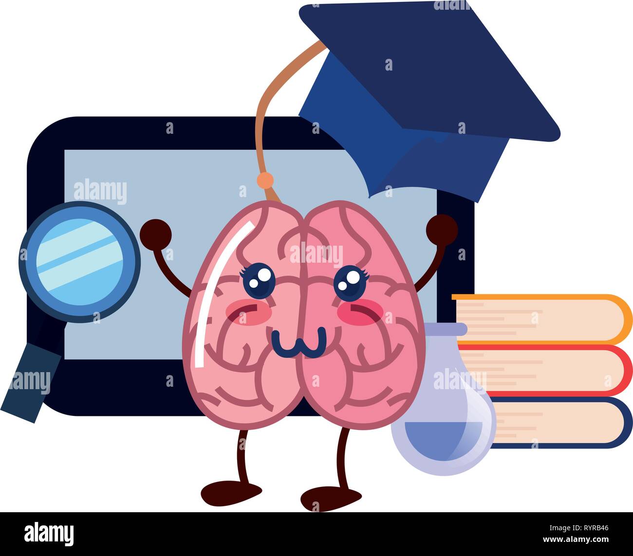 brain cartoon tablet education book science hat vector illustration ...