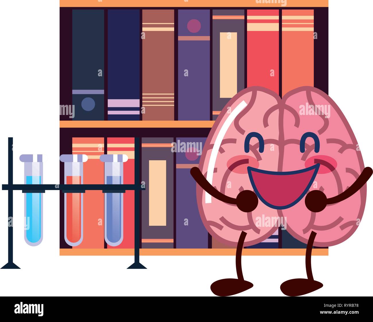 brain cartoon education books and science flasks vector illustration ...