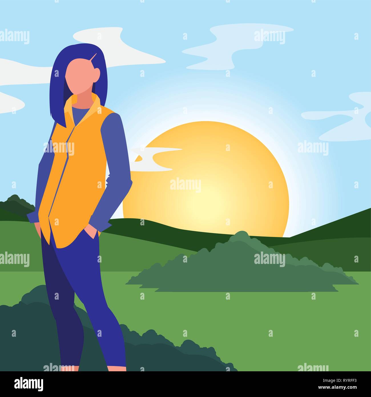 landscape nature with standing woman vector illustration Stock Vector ...