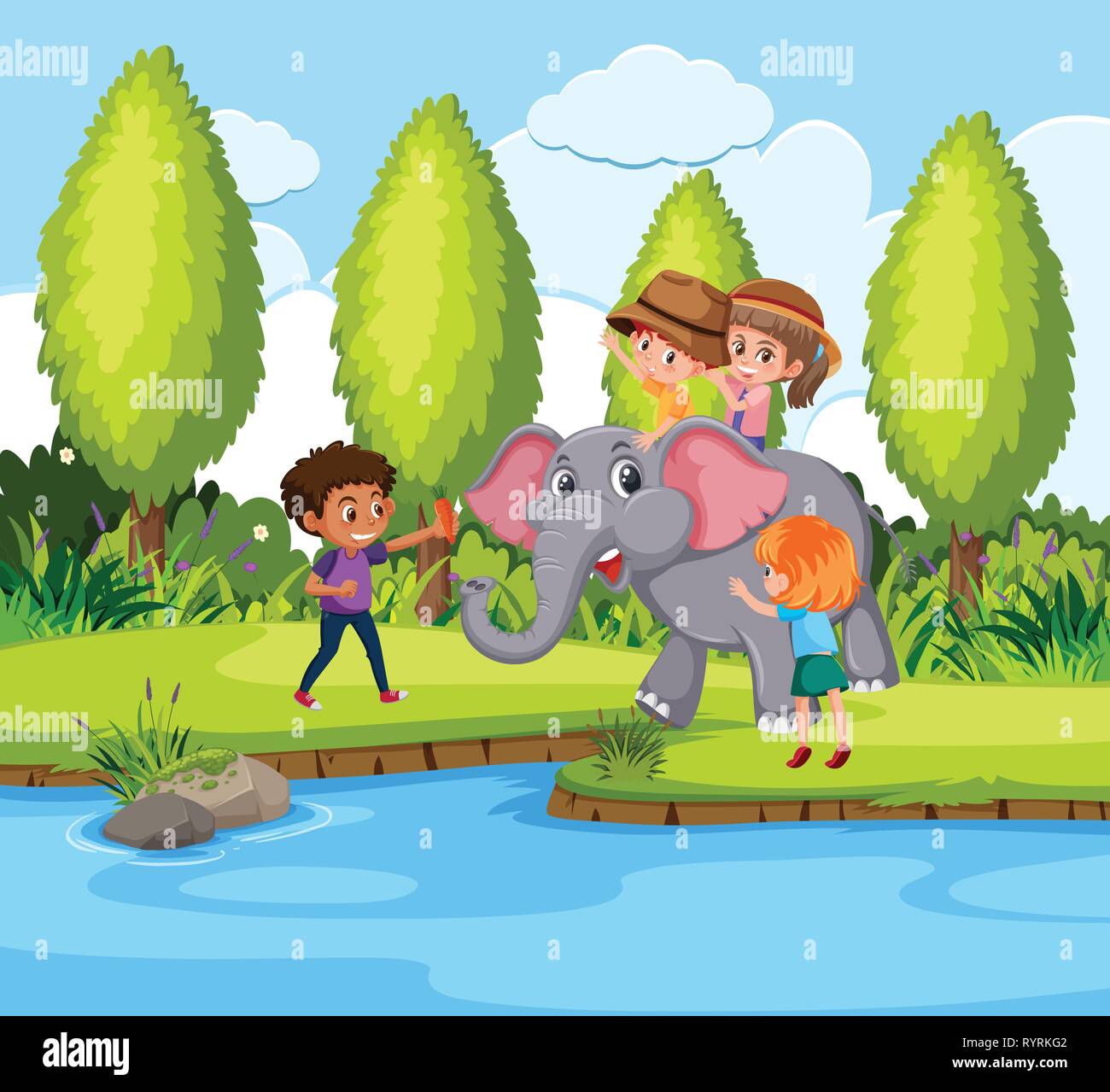 Kids riding elephant in nature illustration Stock Vector Image & Art ...