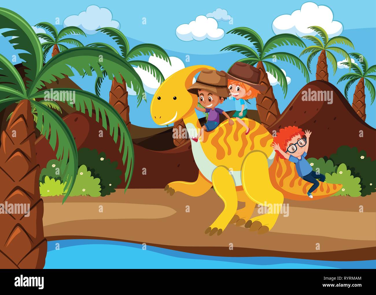 Children riding a dinosaur illustration Stock Vector Image & Art - Alamy