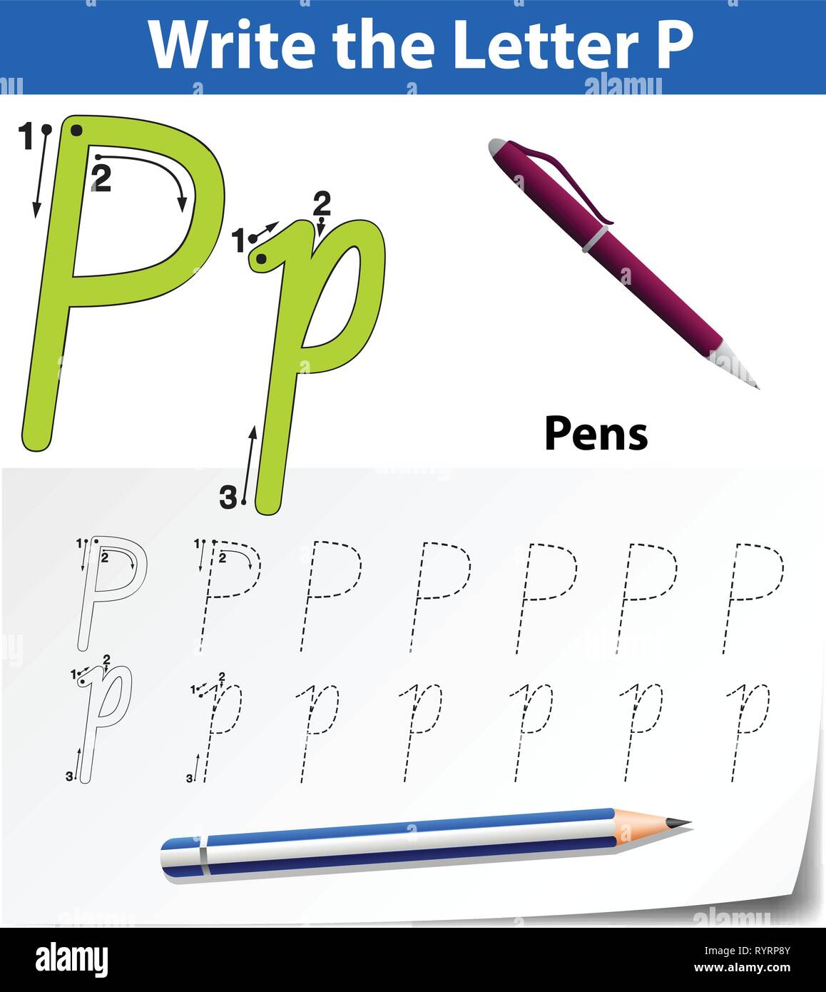 Letter P tracing alphabet worksheets illustration Stock Vector Image ...
