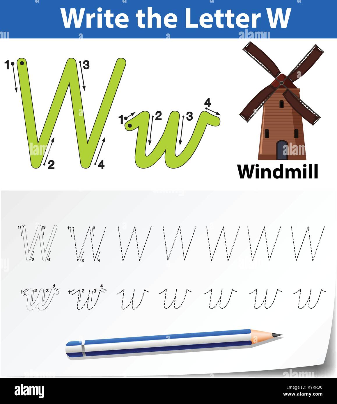 Letter W tracing alphabet worksheets illustration Stock Vector Image ...