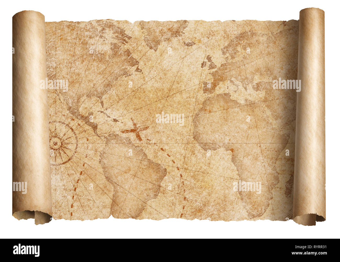 Vintage world map scroll isolated on white. Based on image furnished ...