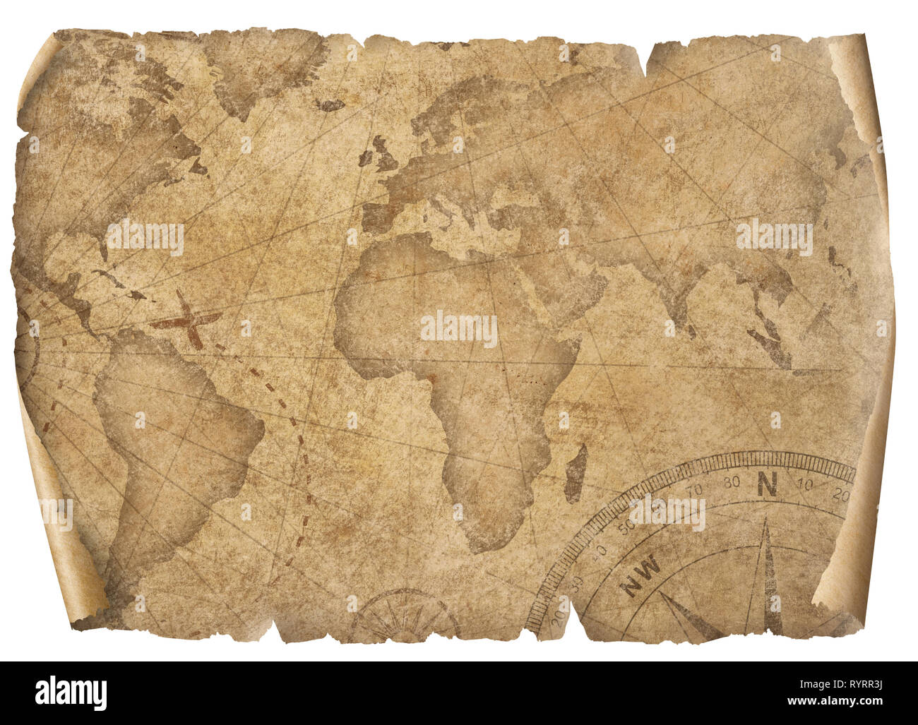 Vintage world map parchment isolated on white. Based on image furnished ...