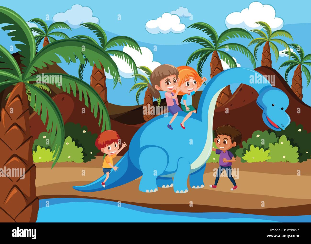 Children playing with dinosaur illustration Stock Vector Image & Art ...