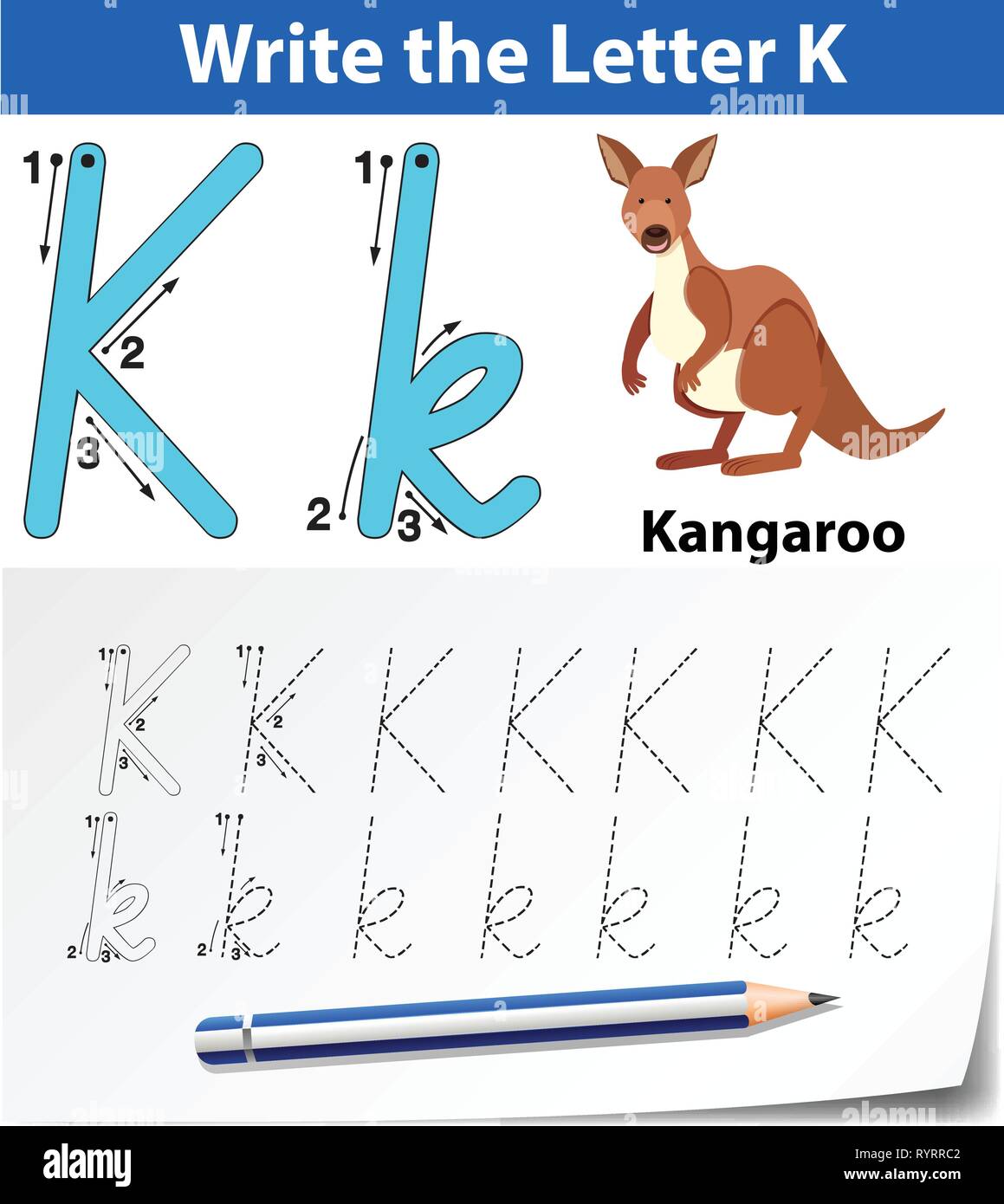 Letter K tracing alphabet worksheets illustration Stock Vector Image ...