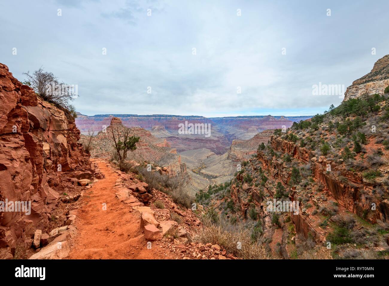 Hiking trail down into the Grand Canyon, Bright Angel Trail, eroded ...