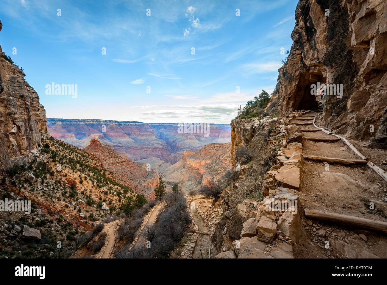 Bright Angel Trail at the gorge of the Grand Canyon, eroded rocky ...