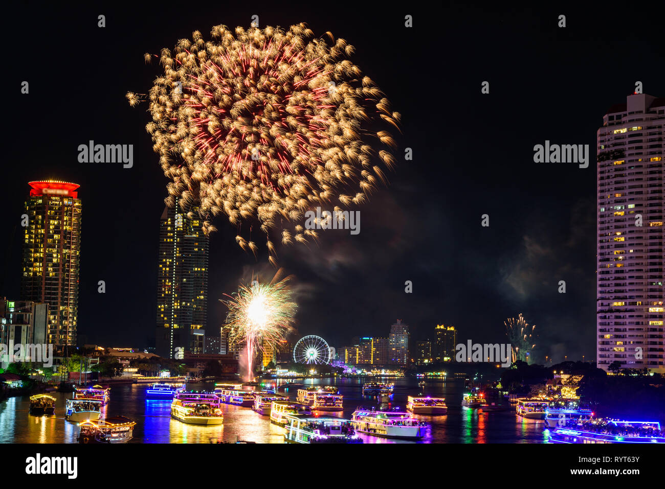 firework in the city / high building with firework Stock Photo - Alamy