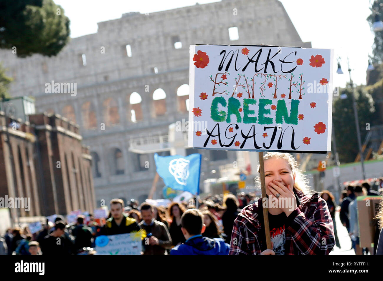 Rome, Italy. 15th Mar, 2019. Banner: make earth green again Rome March ...