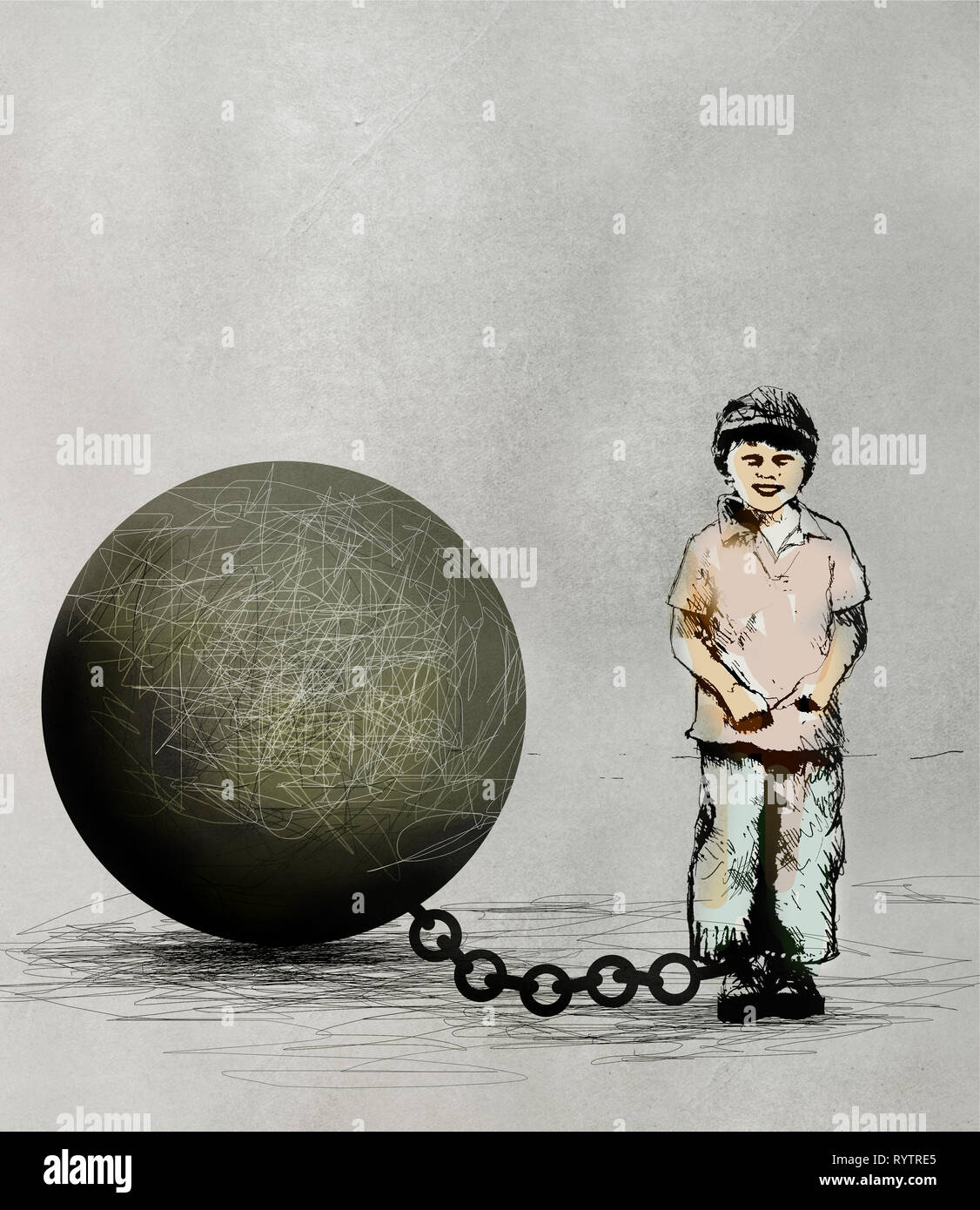 Concept of a young boy chained to a large ball depicting children in ...