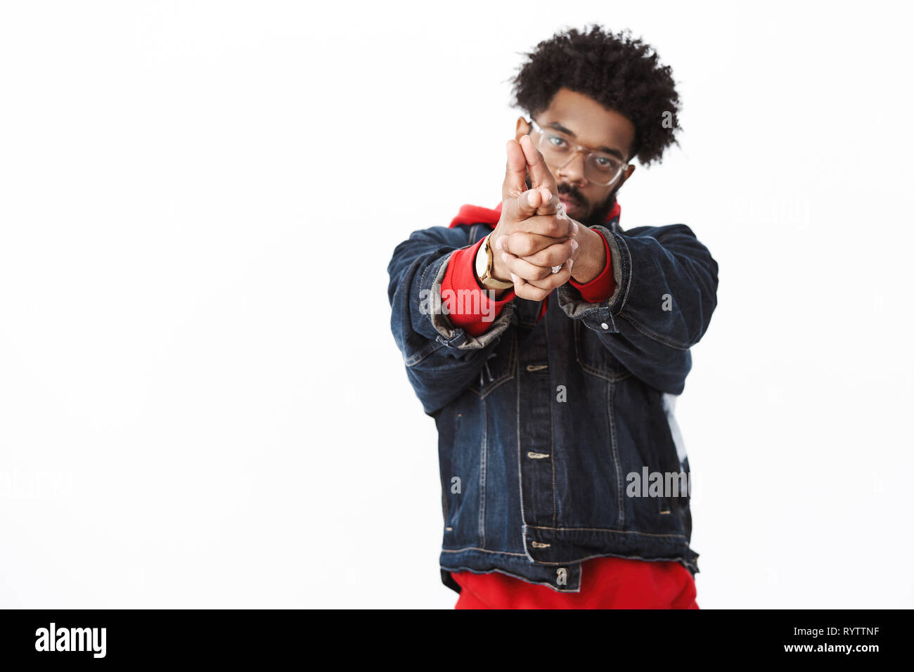 Man making finger gun gesture hi-res stock photography and images - Alamy