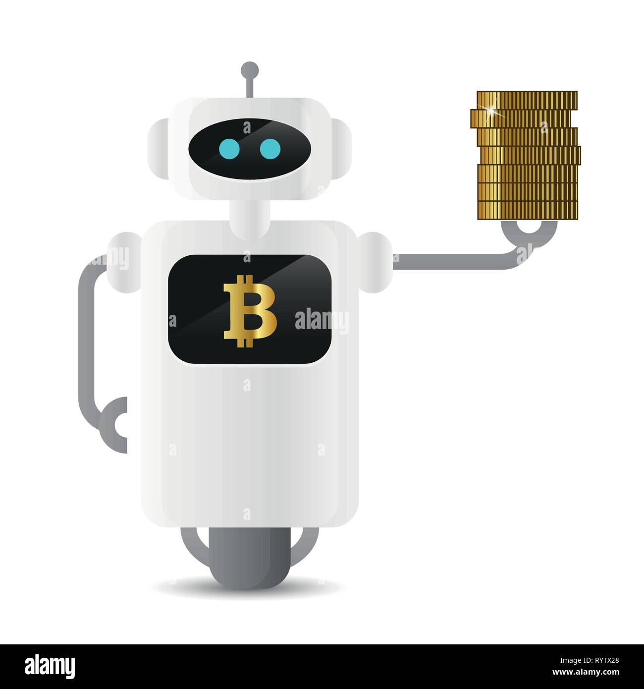 cute robot holding bitcoin golden coins in his hand vector illustration ...