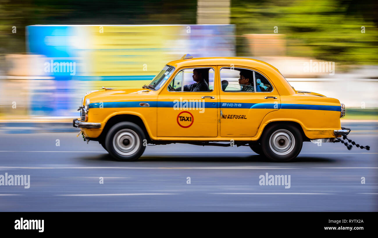 Kolkata, India - November 18th 2018: Iconic yellow taxi at Calcutta ...