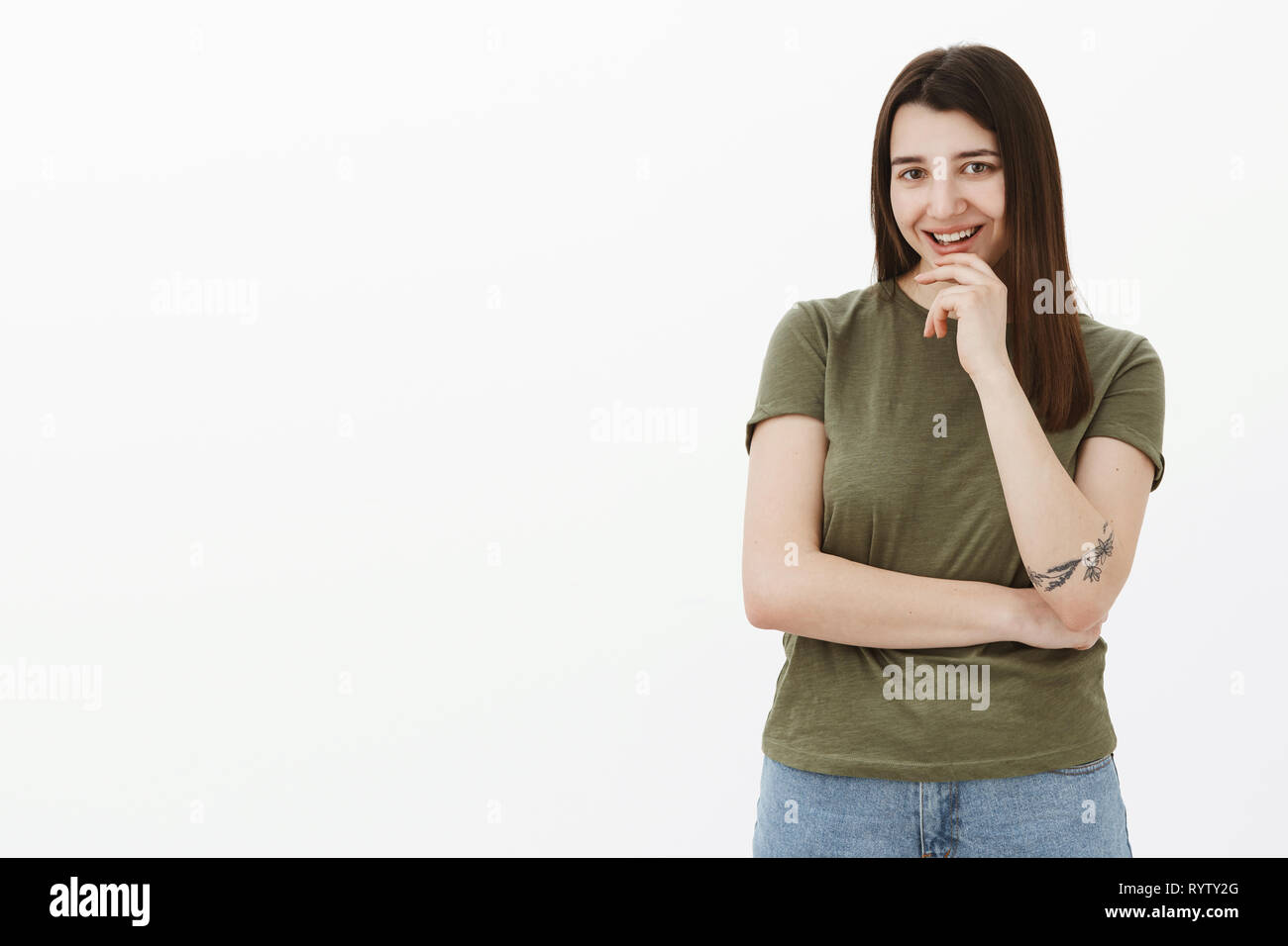 Cheeky creative and smart woman have interesting idea smirking from joy ...