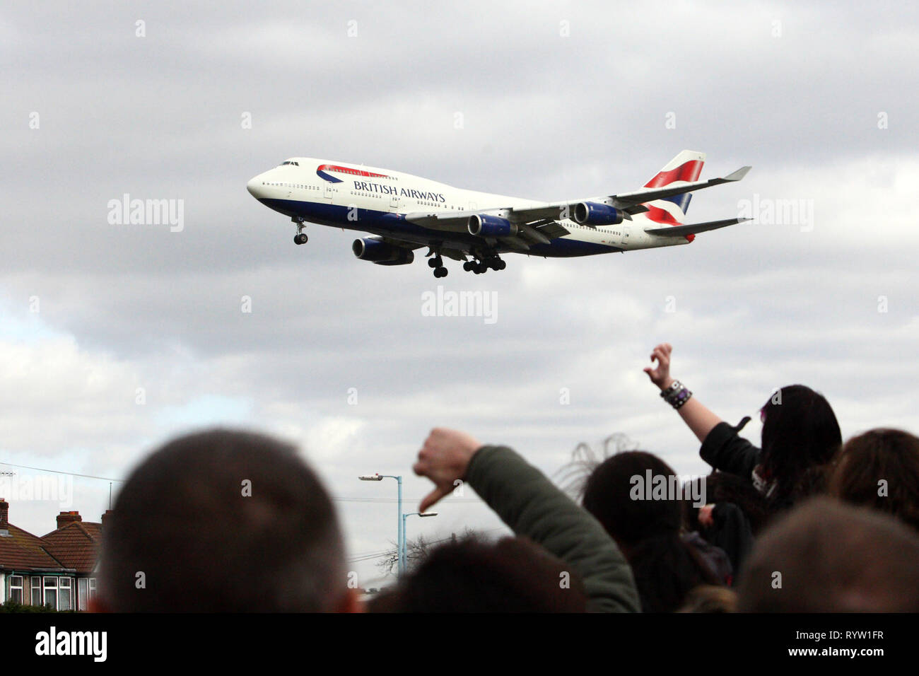 Thumbs down and booing a Boeing 747 British Airways plane. BA cabin ...