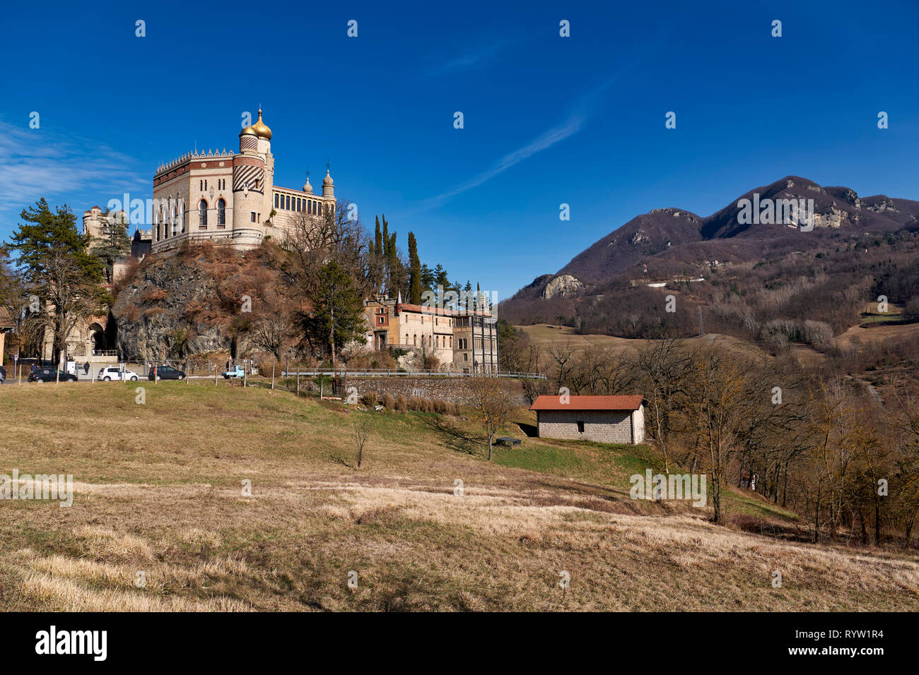 Bologna, Italy. Rocchetta Mattei is a fortress located on a hill 407 ...