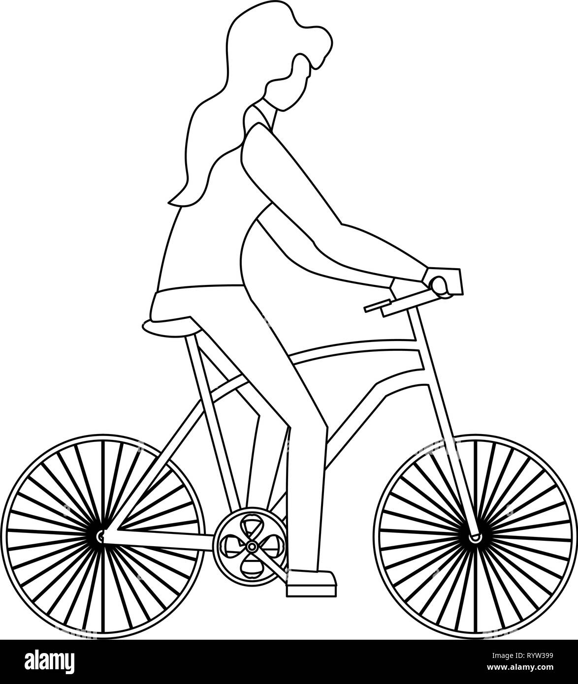 woman riding bike linear on white background vector illustration Stock ...
