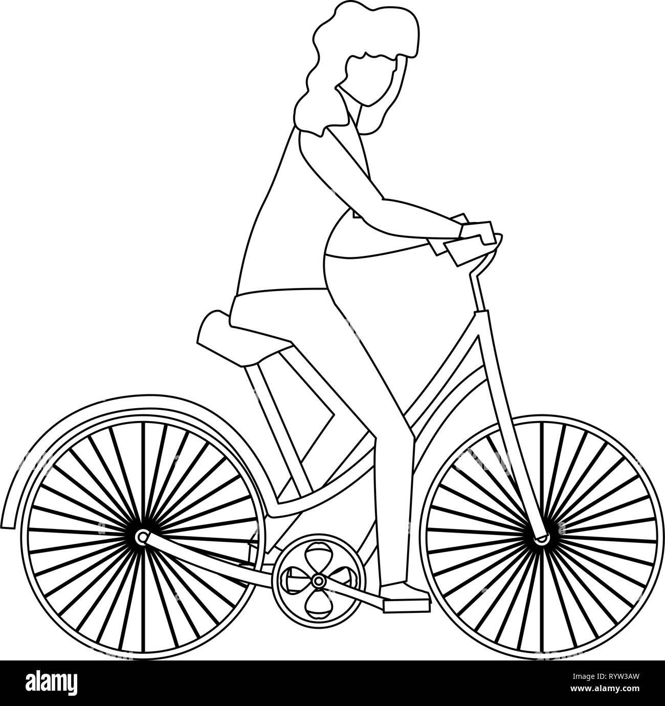 woman riding bike linear on white background vector illustration Stock ...