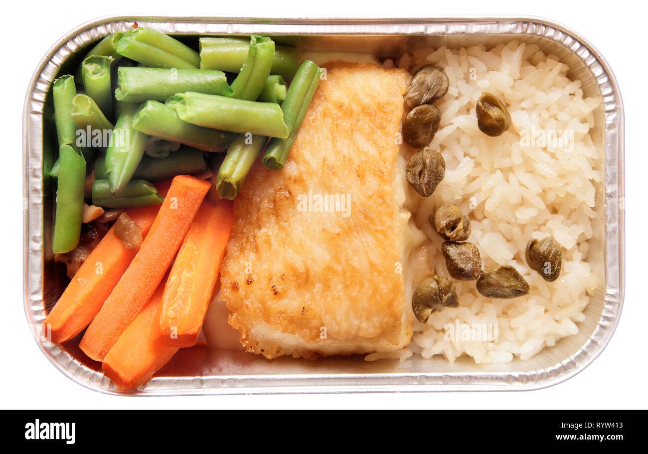 Fish and rice - inflight meal, isolated in white Stock Photo - Alamy